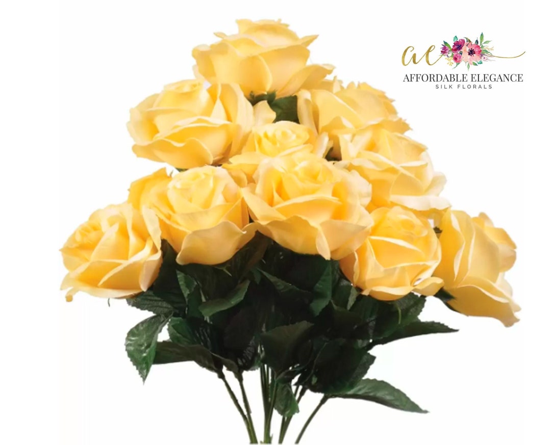 12 Open Baby Yellow Roses, Artificial Flowers, 4" Rose Head, Wedding ...