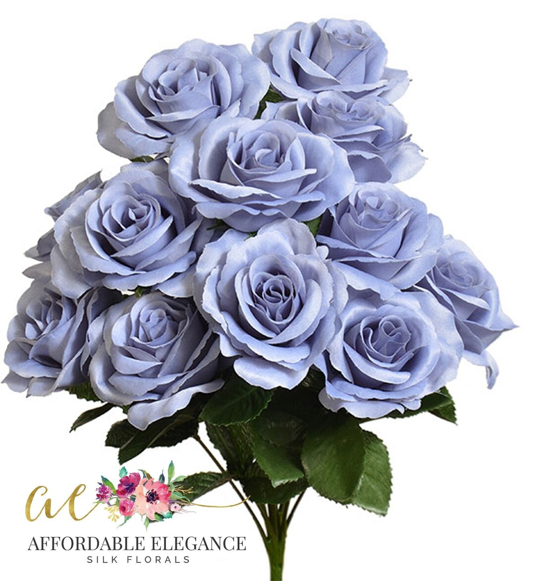 12 Open Dusty Blue Roses Bush, Artificial Flowers, 4" Head, Wedding ...
