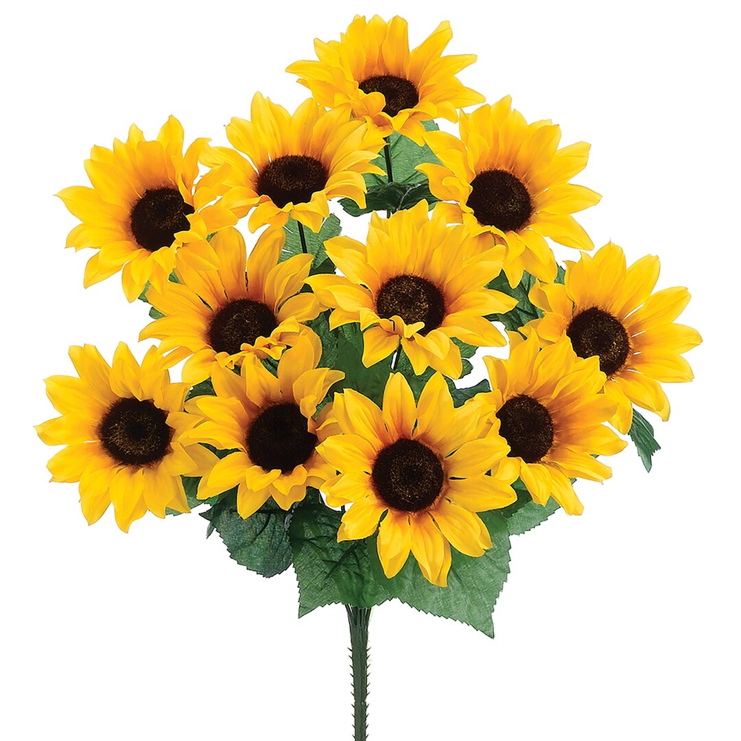 19" Yellow Sunflower Bush, Artificial Silk Fake Faux, 11 Stems ...