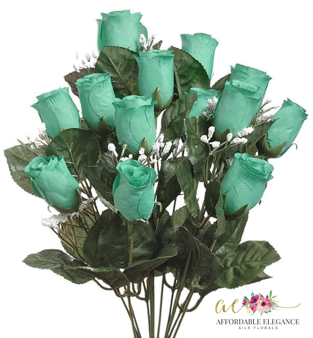 14 Aqua Blue Teal Roses Buds, Long Stems, Bush Bouquet, Artificial ...