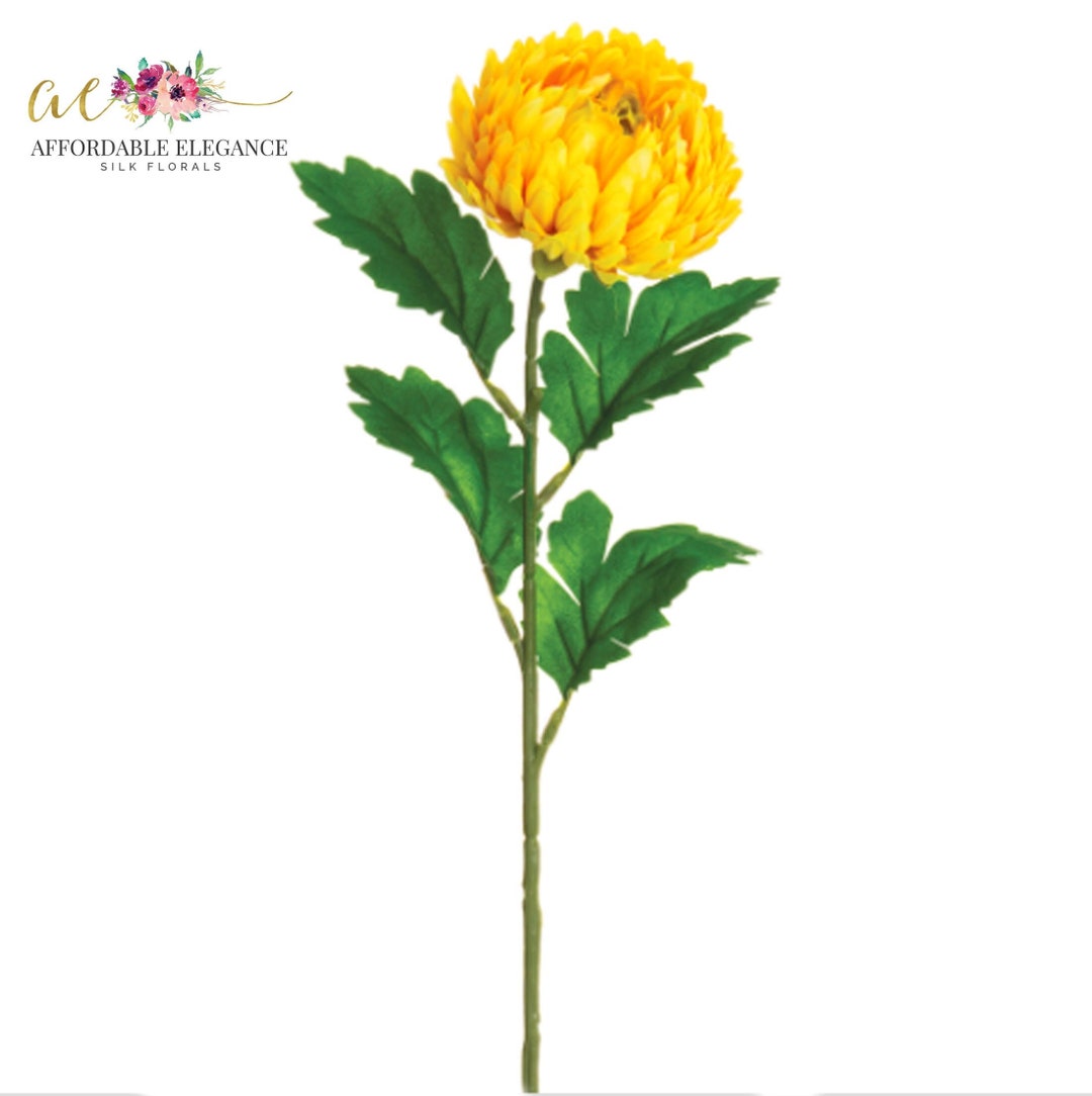 23" Faux Mum Spray, Yellow, Artificial Chrysanthemum Stems, Fake Ball ...