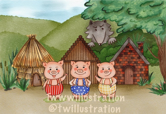 Three Little Pig Drawing Nursery Decor Childrens Story | Etsy
