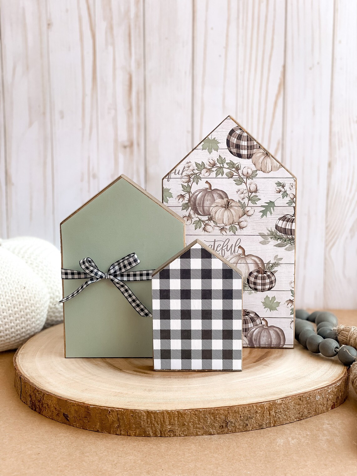 Set of 3 Wooden Houses, Fall Houses, Fall Decor, Neutral Fall Decor ...