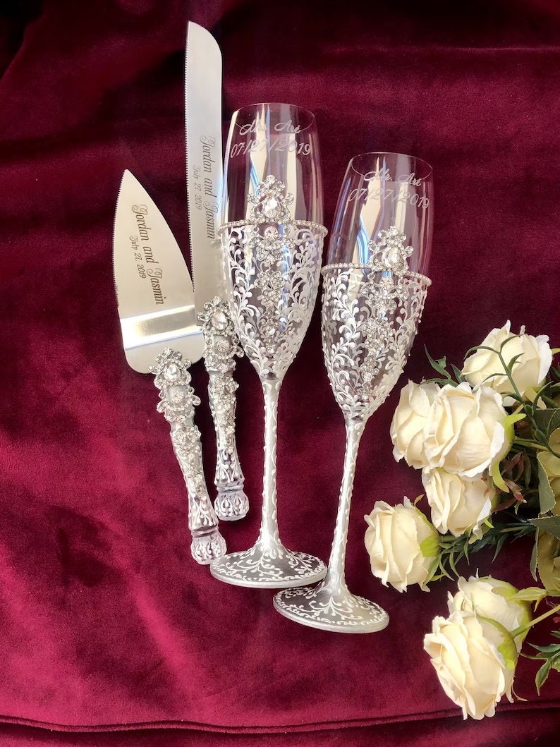 Set of 11: 2 Wedding Flutes With Engraving and Unity Candle - Etsy