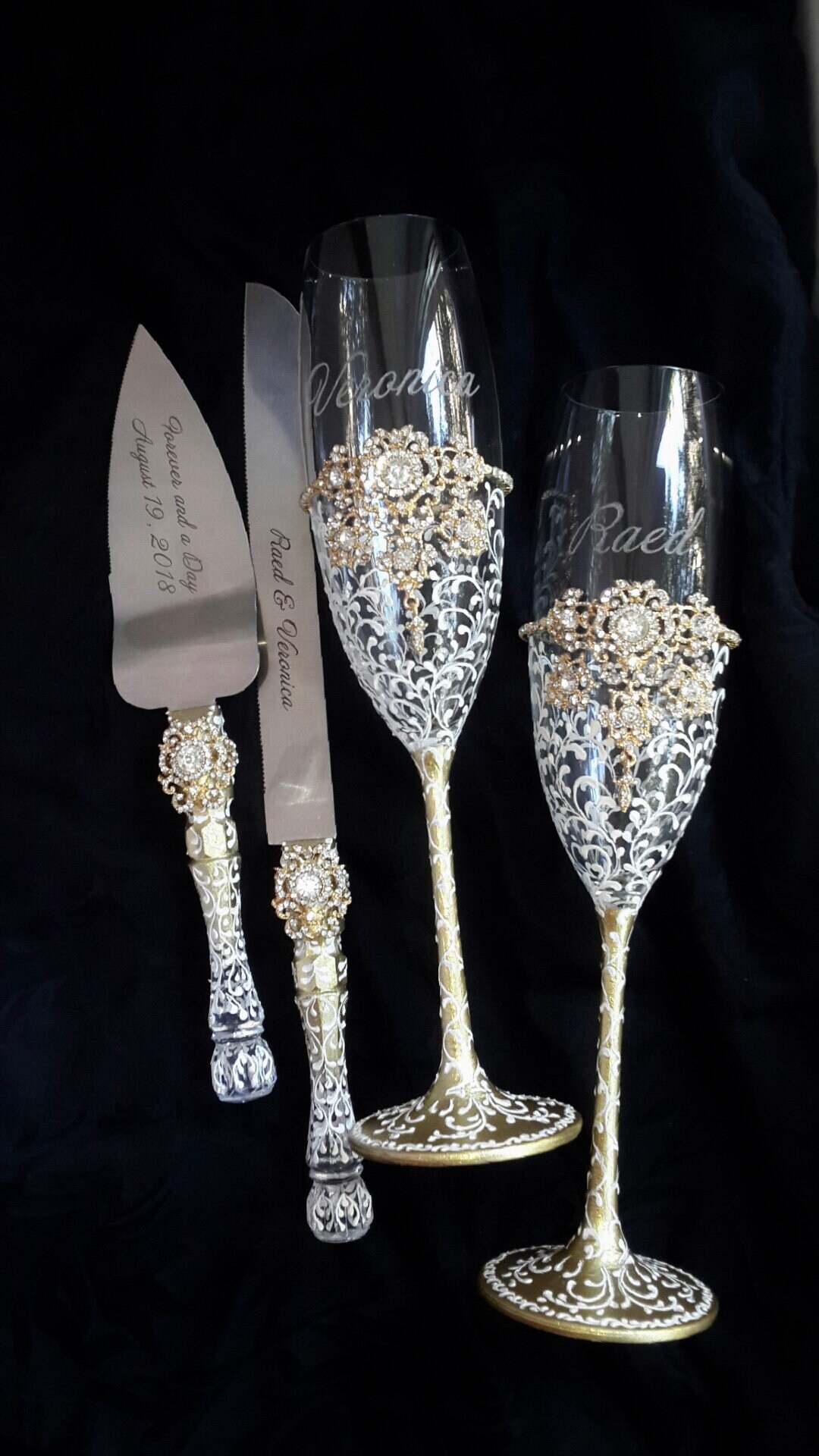 Personalized Wedding Glasses Engraving Cake Server Gold White - Etsy