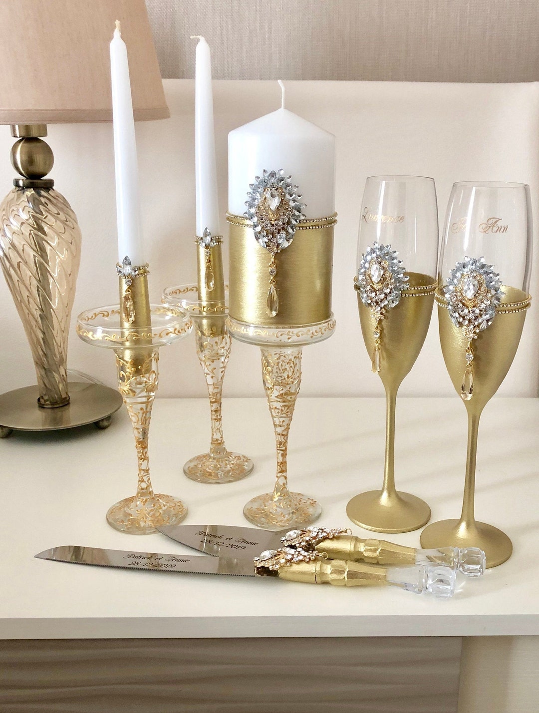 Gold Wedding Set of 10: Engraving Wedding Glasses Cake Server Knife ...