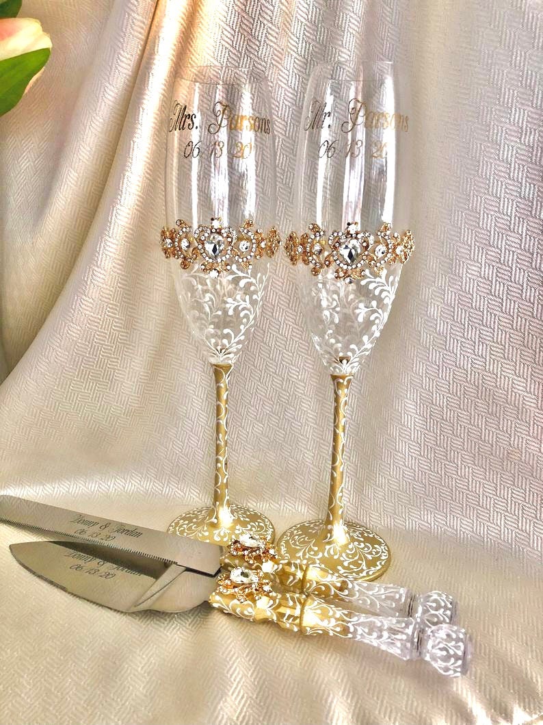 Personalized Wedding Glasses White Gold Wedding Glasses Golden | Etsy