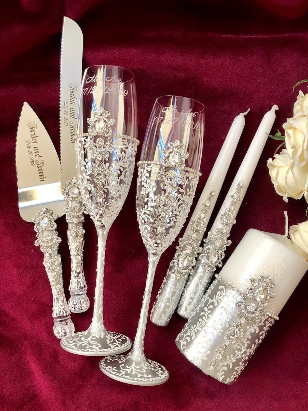 Set of 11: 2 Wedding Flutes With Engraving and Unity Candle - Etsy