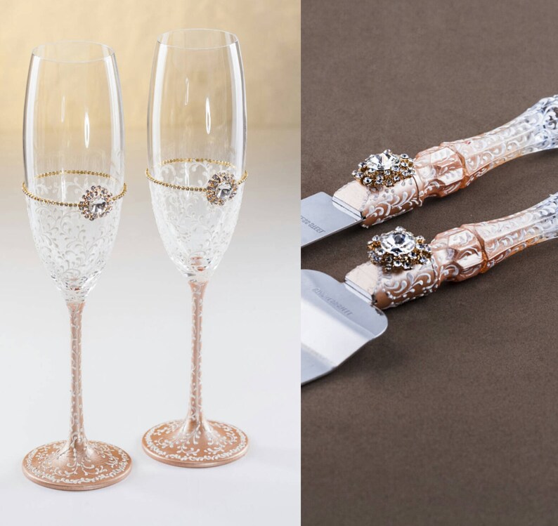 Rose Gold Wedding Glasses Cake Server Set Personalized Glass - Etsy