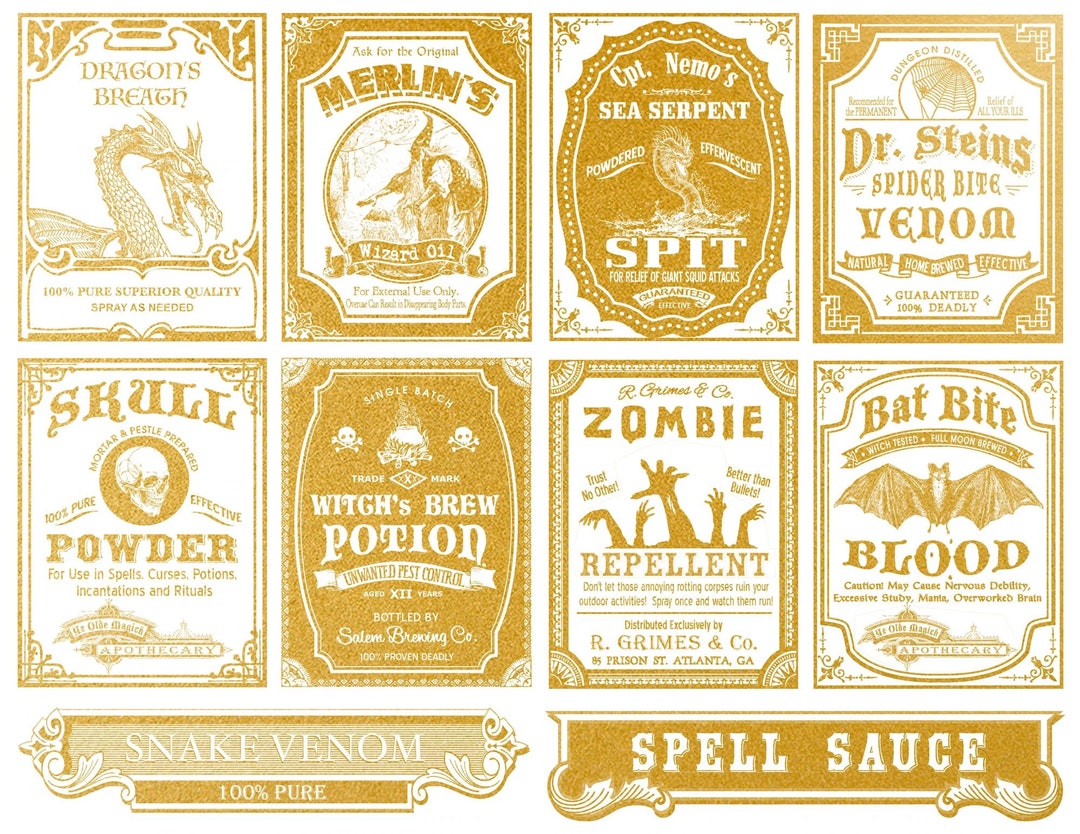 Potion Labels 8.5 X 11 Inch - 22 Karat White or Yellow Gold Luster ...