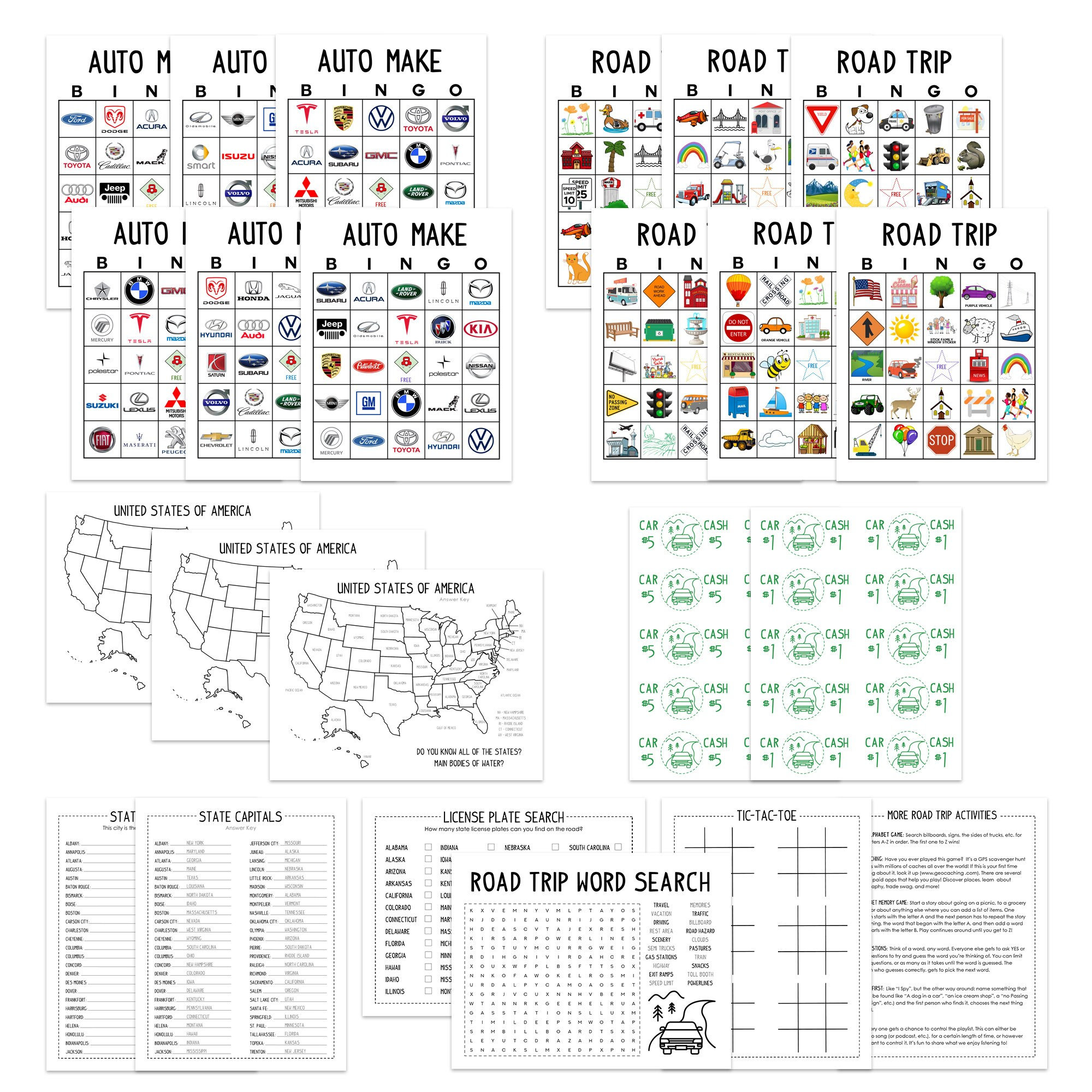 US Road Trip Activity Bundle Car BINGO Travel Games Printables - Etsy