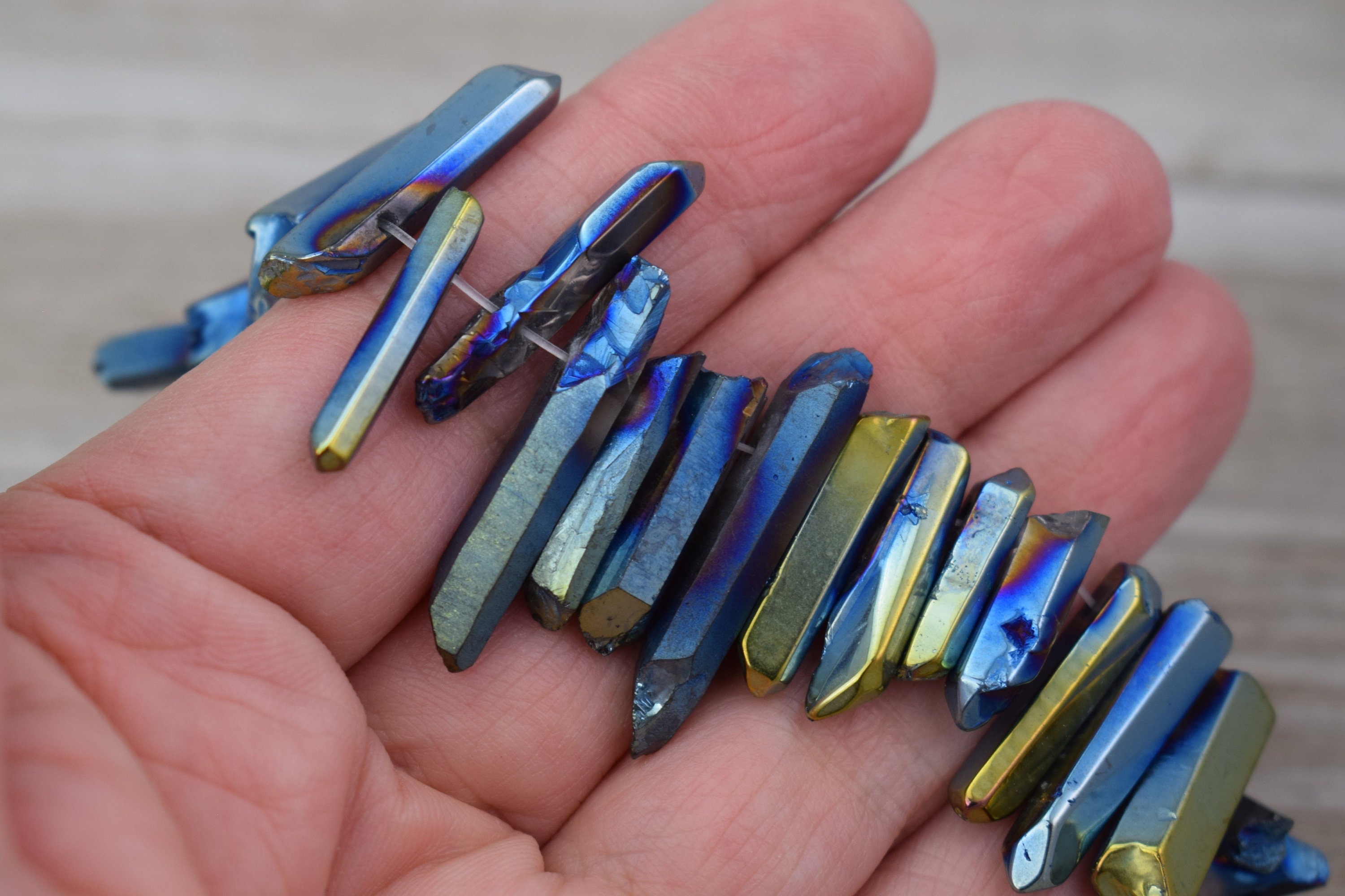 Electroplated Quartz Stick Beads - Natural Quartz - Blue / Green / Gold ...