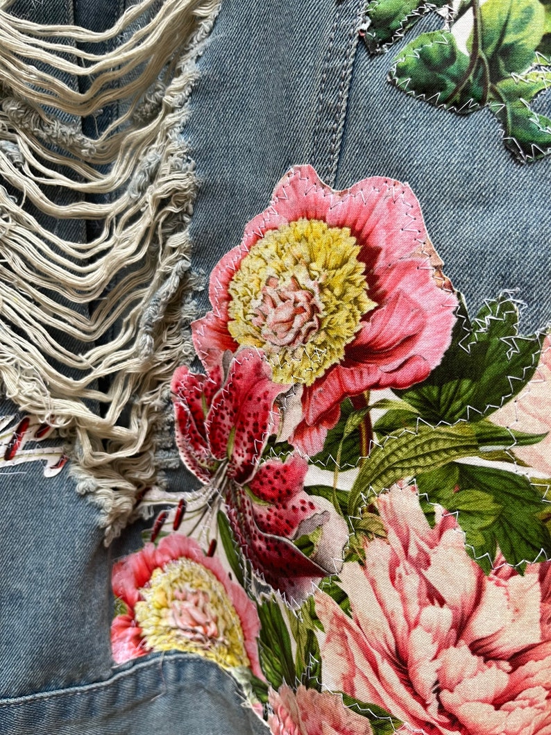 Rose Peonies and Kitten Appliqué Jean Jacket - Etsy