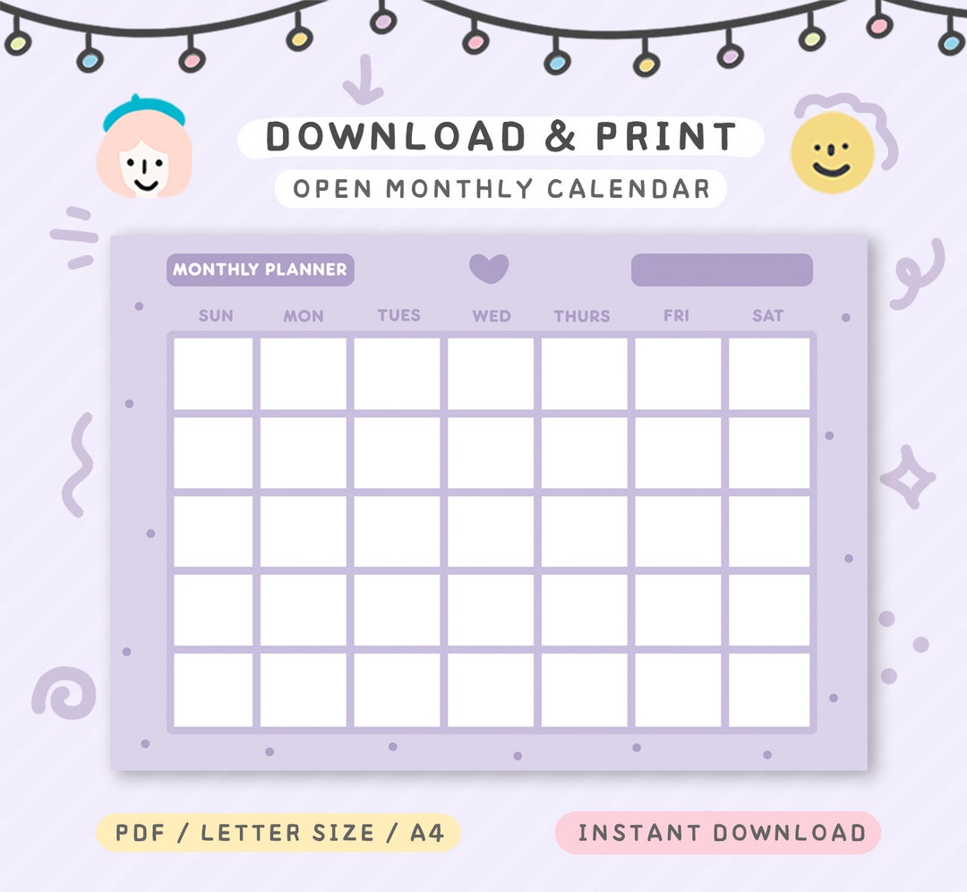 Undated Monthly Calendar, Printable Calendar, Blank Calendar Template ...