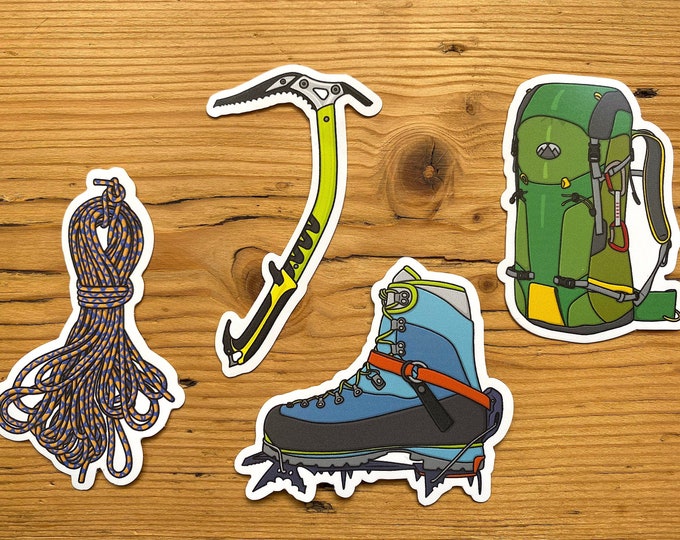 Rock Climbing Vinyl Sticker Set: Mountaineering Rope, Ice Axe, Backpack ...