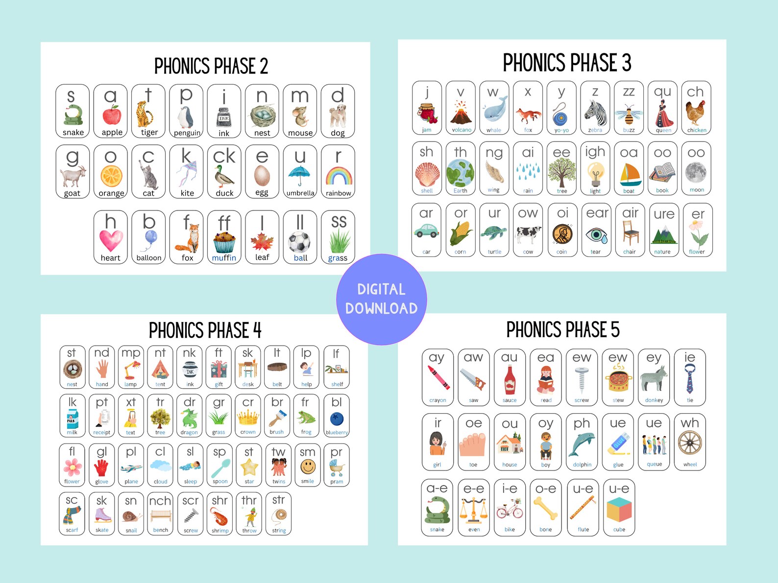 Phonics Bundle: Phase 2, 3, 4, & 5 Sound Mats, Educational, Digital ...