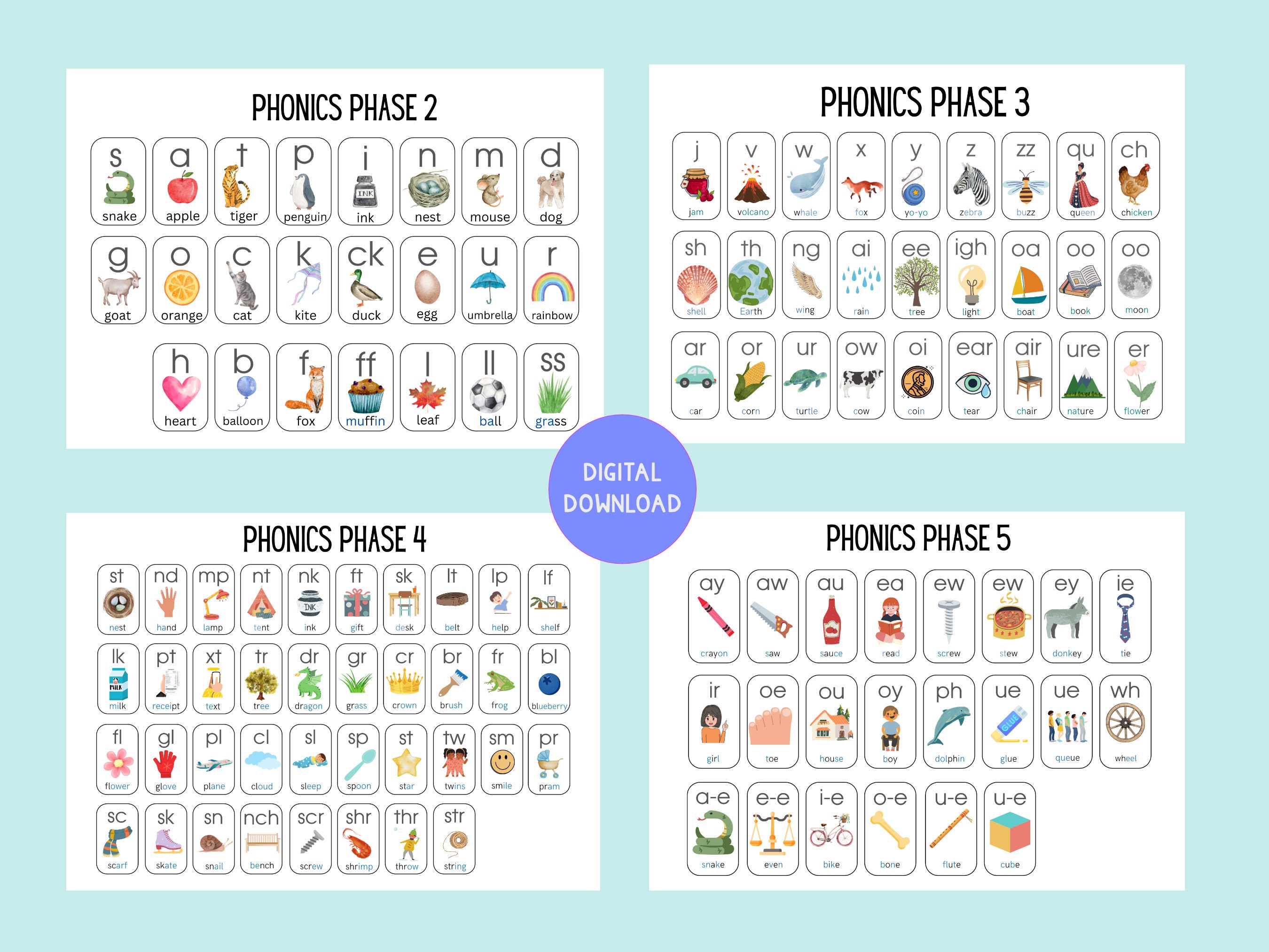 Phonics Bundle: Phase 2, 3, 4, & 5 Sound Mats, Educational, Digital ...