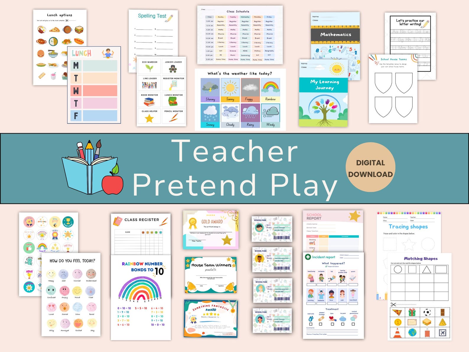 Teacher Pretend Play Printable Set: Homeschool Classroom Role Play ...
