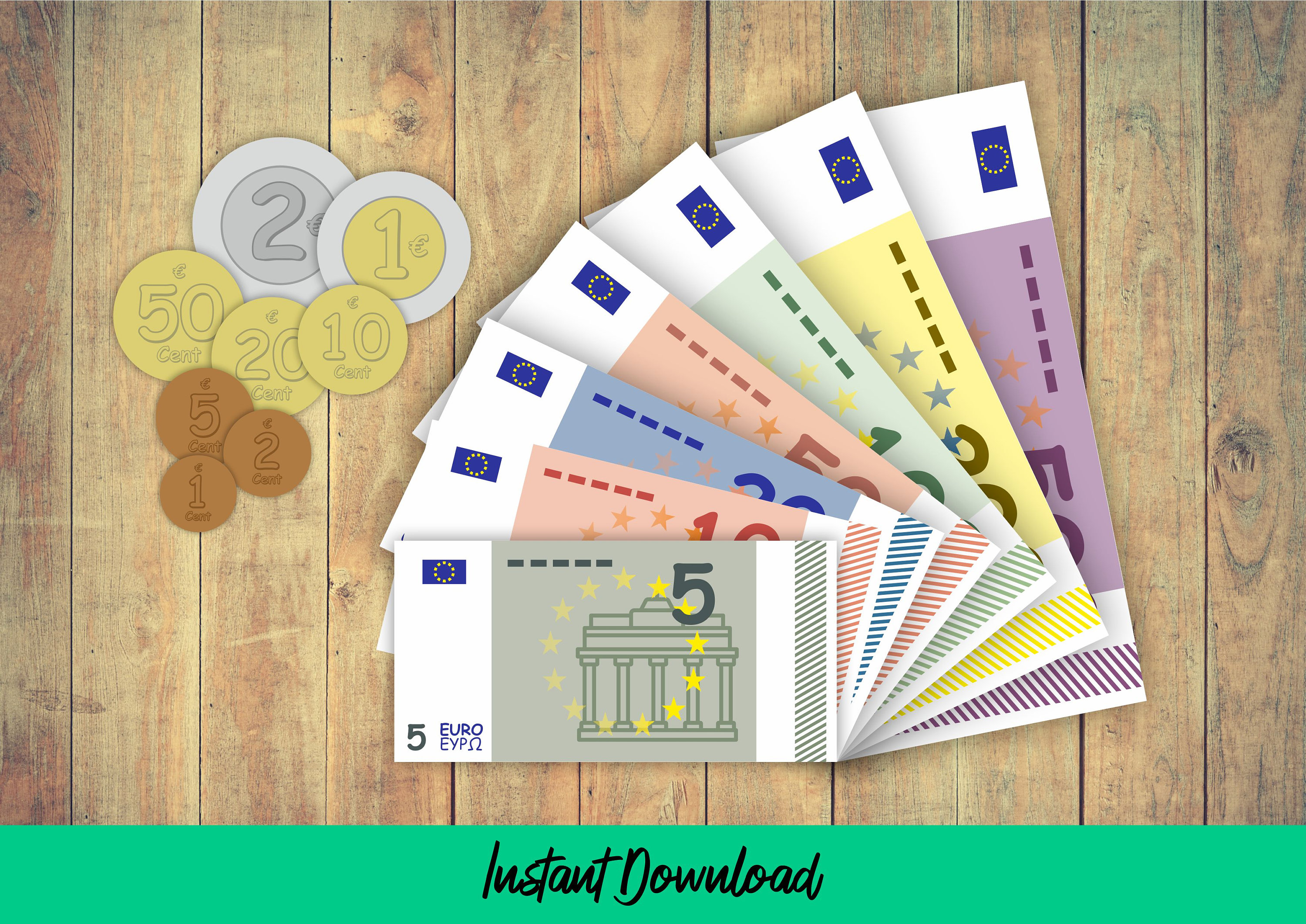 Printable Play Money euro Bills and Coins Children, Digital Instant ...