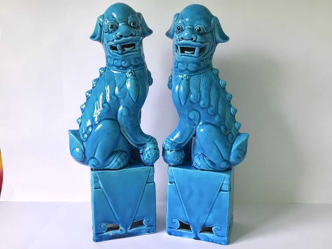 Pair of 12 Inch Turquoise Foo Dogs, 2 Large Chinese Foo Dogs, Two ...