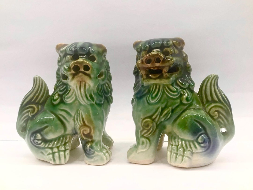 Pair of Small Foo Dogs, 2 Blue and Green Foo Dogs, Two Oriental Foo ...