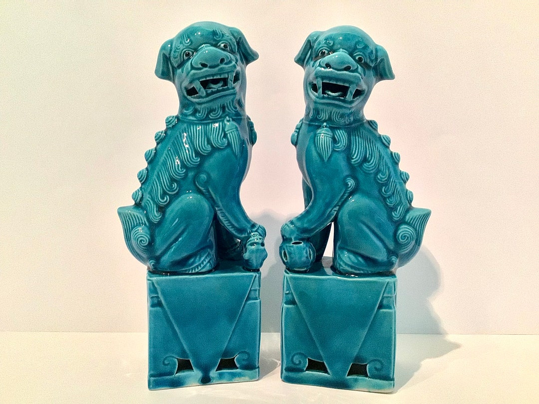 Pair of 8 Inch Turquoise Foo Dogs, 2 Chinese Foo Dogs, Two Oriental Foo ...