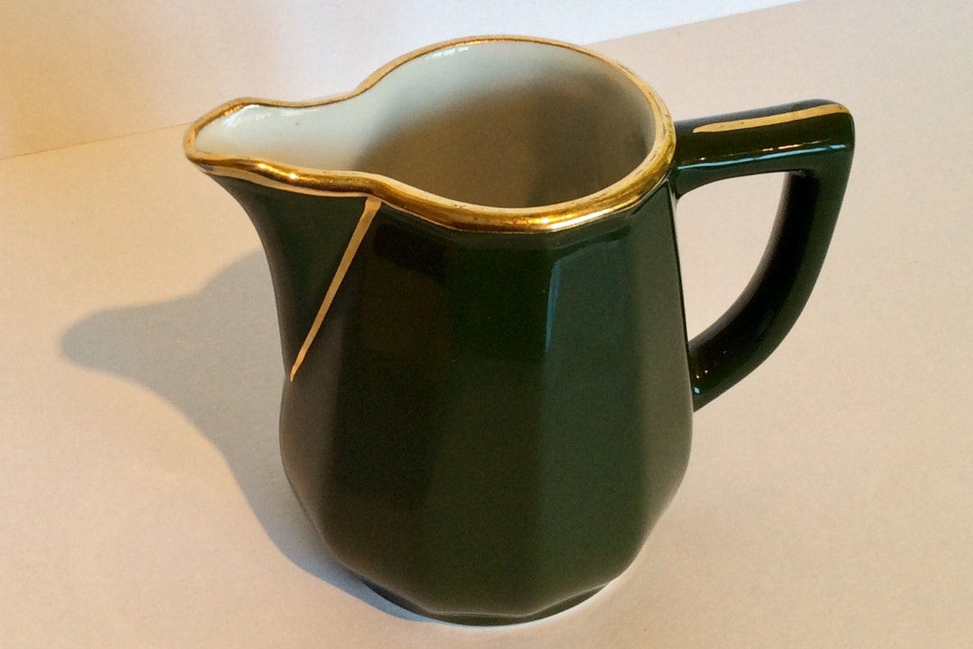 Apilco Small Milk Jug, French Creamer, 1980s Green and Gold Porcelain ...