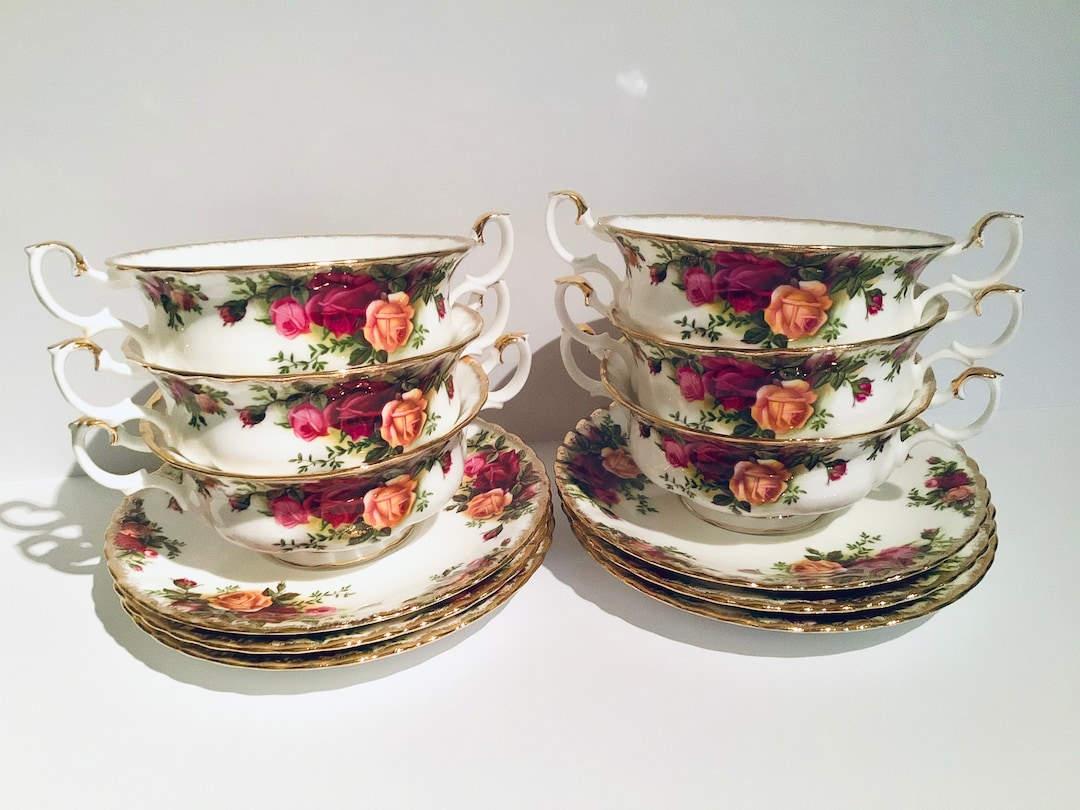 Set of 6 Country Roses Soup Bowls and Saucers, Six Royal Albert Country ...