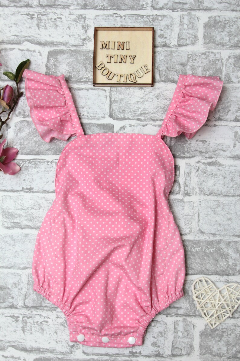 Polka Dot Pink Baby Girl Romper / Ruffle Butt Girl Romper / Bubble Romper / Cotton Baby Romper ...