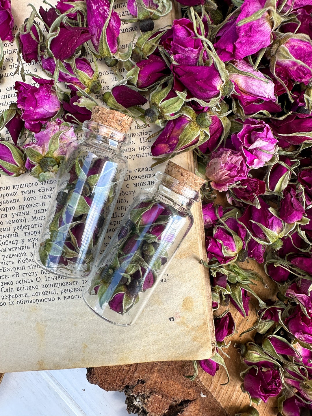 Mini Bottle With Rose Buds, Glass Bottles With Herb, Floral Botany Jars ...
