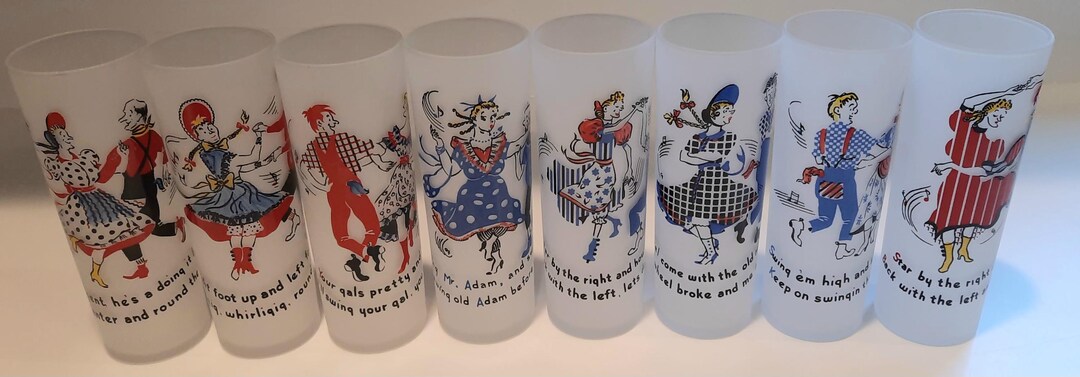 Vintage Libby 8 Piece Frosted Glass Set Hoedown Dancers - Etsy