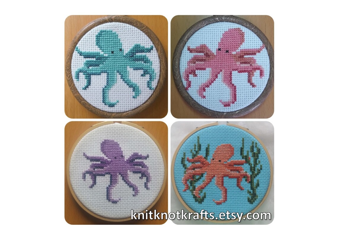 Octopus Cross Stitch Kit With Hoop - Counted Cross Stitch Kit for ...