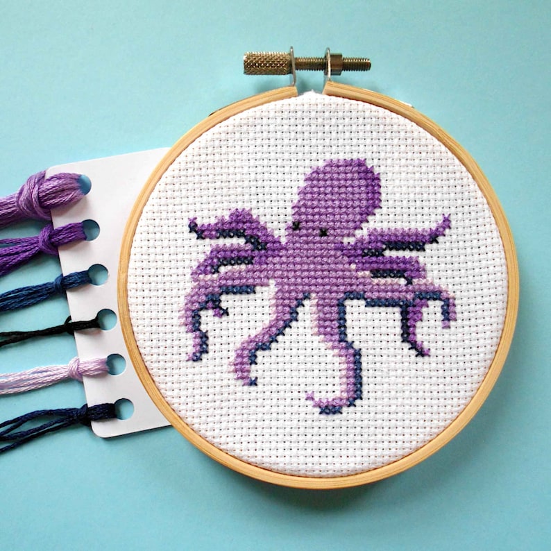 Octopus Cross Stitch Kit With Hoop - Counted Cross Stitch Kit for ...