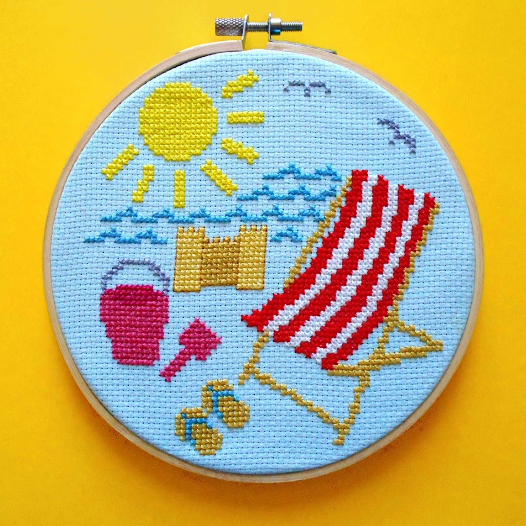 On the Beach Cross Stitch Kit for Beginners, Deckchair at Seaside Decor ...