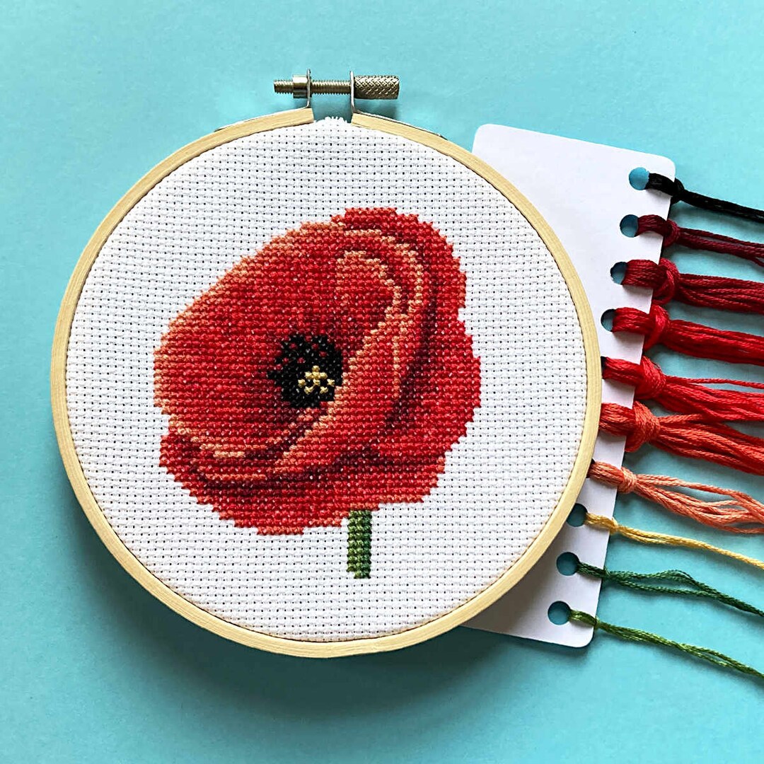 Poppy Cross Stitch Kit for Beginners - 5 Inch Hoop Flower Counted Cross ...