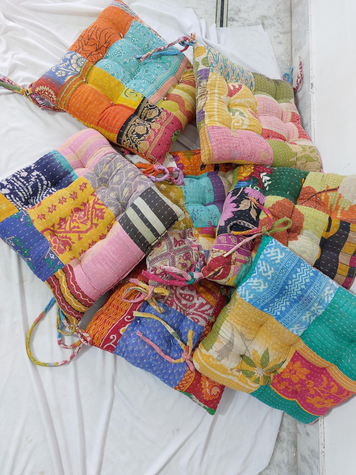 Set of 2 Vintage Kantha Chair Pads: Handmade Cotton Seat Cushions - Etsy