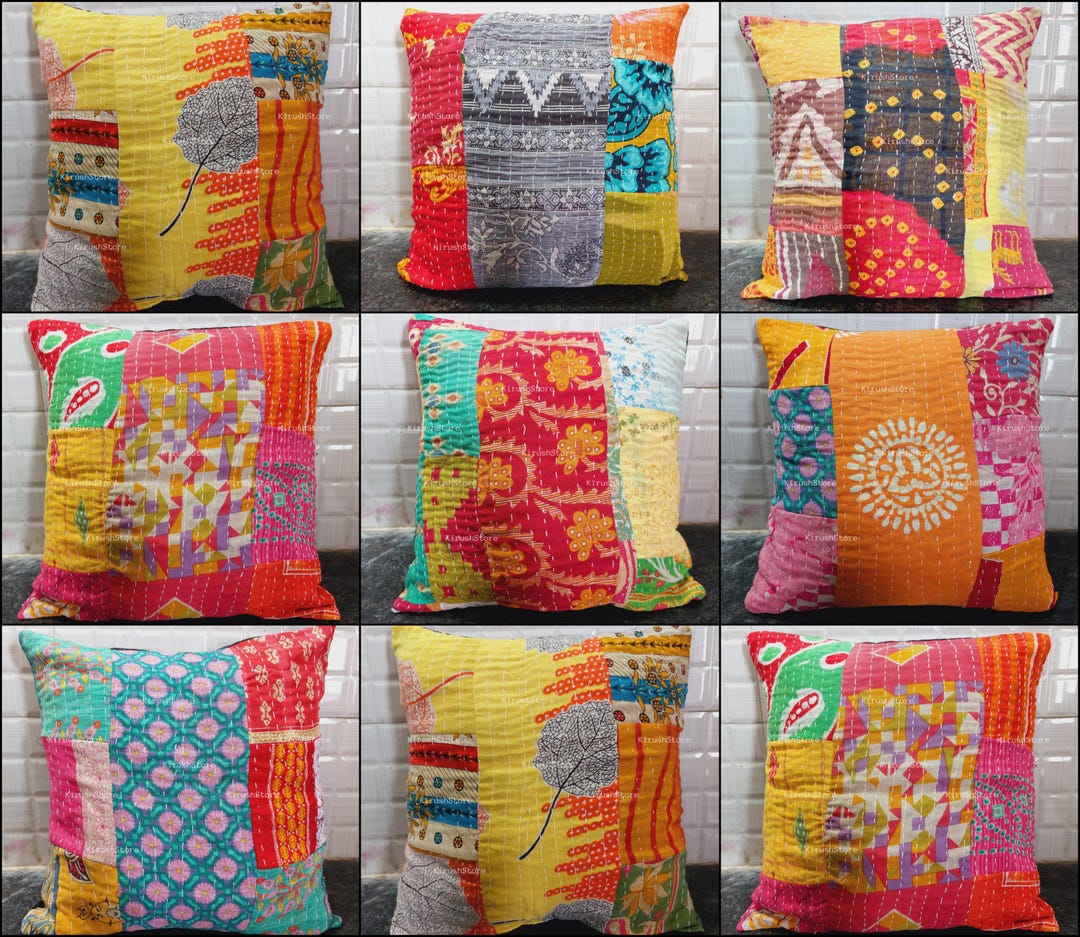 Mixed Assorted Set of 5 Pcs Vintage Kantha Handmade Patchwork Cushion Cover , Decorative Pillow ...