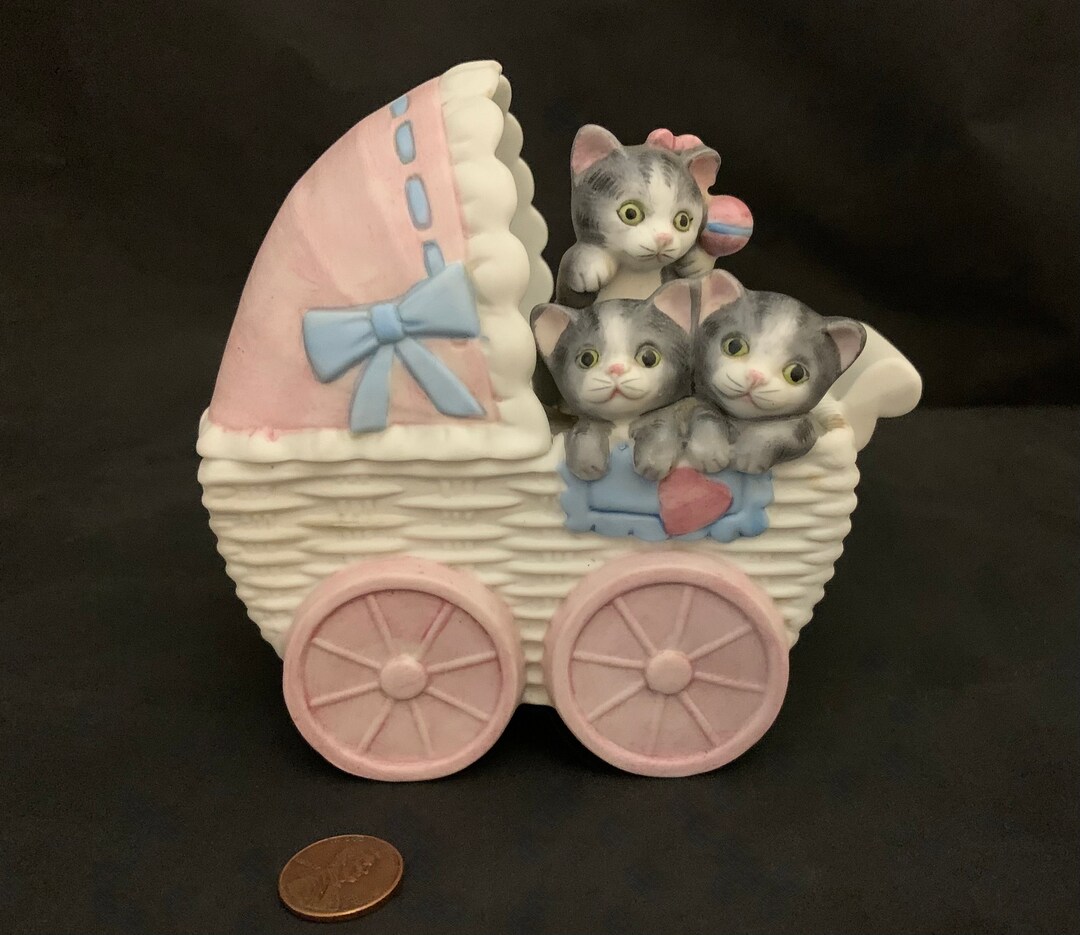 Vintage Music Box 3 Kittens Baby Buggy Porcelain Seymour Mann Standing ...