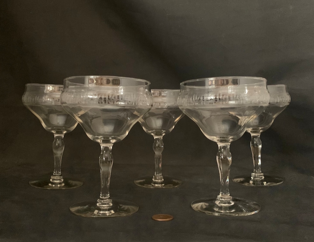 Antique Needle Etched Crystal Stemware set of 5 Greek Key Motif ...