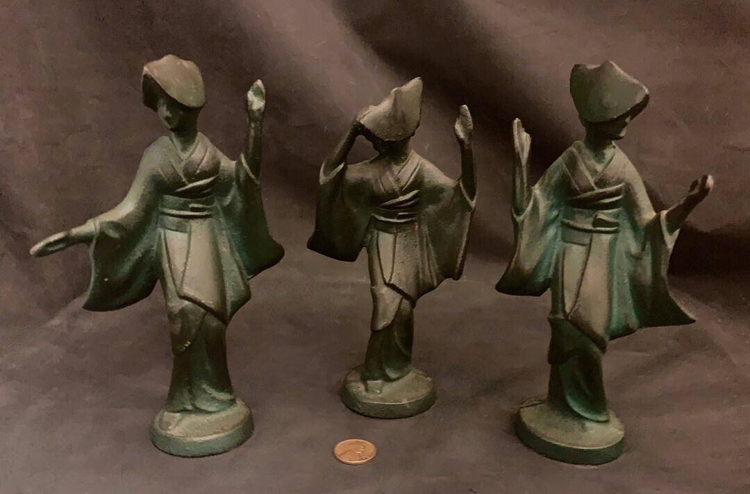 Vintage Mid-century Modern Cast Iron Geisha Figurines, Green Tint (set ...