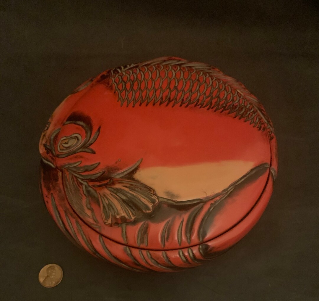 Mid-century Modern Japanese Red Lacquer Carved Lidded Fish Serving Dish ...