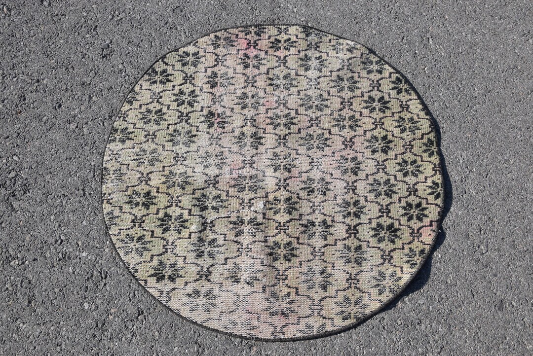 Round Turkish Rug, 3x3ft, Decorative Door Mat, Floral Pattern, Vintage ...