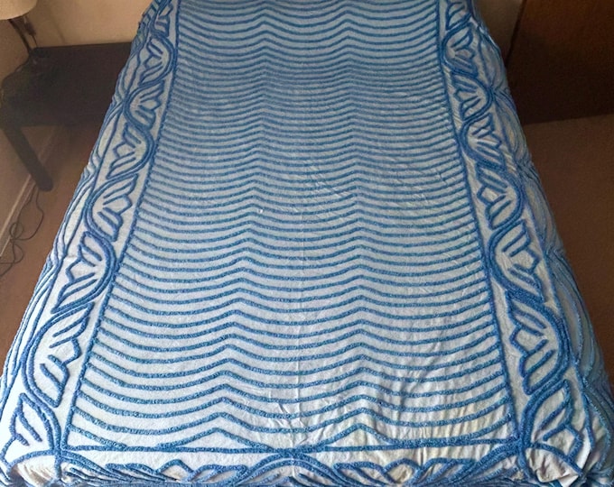 Vintage Blue Chenille Bedspread Queen | Wave Tufted Pattern | 1950s–60s ...