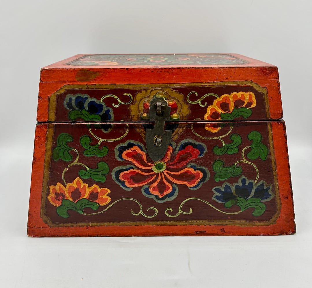 Vintage Tibetan Hand-painted Wood Storage Box | Trapezoid Shape Jewelry ...
