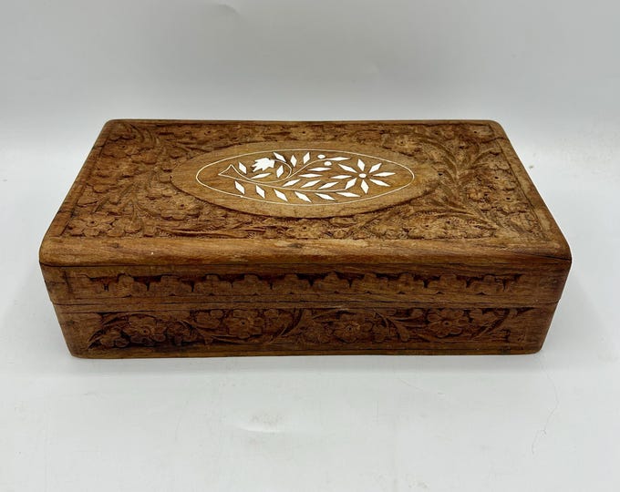 Vintage Hand Carved Wood Box With Floral Inlay | India | Rosewood ...