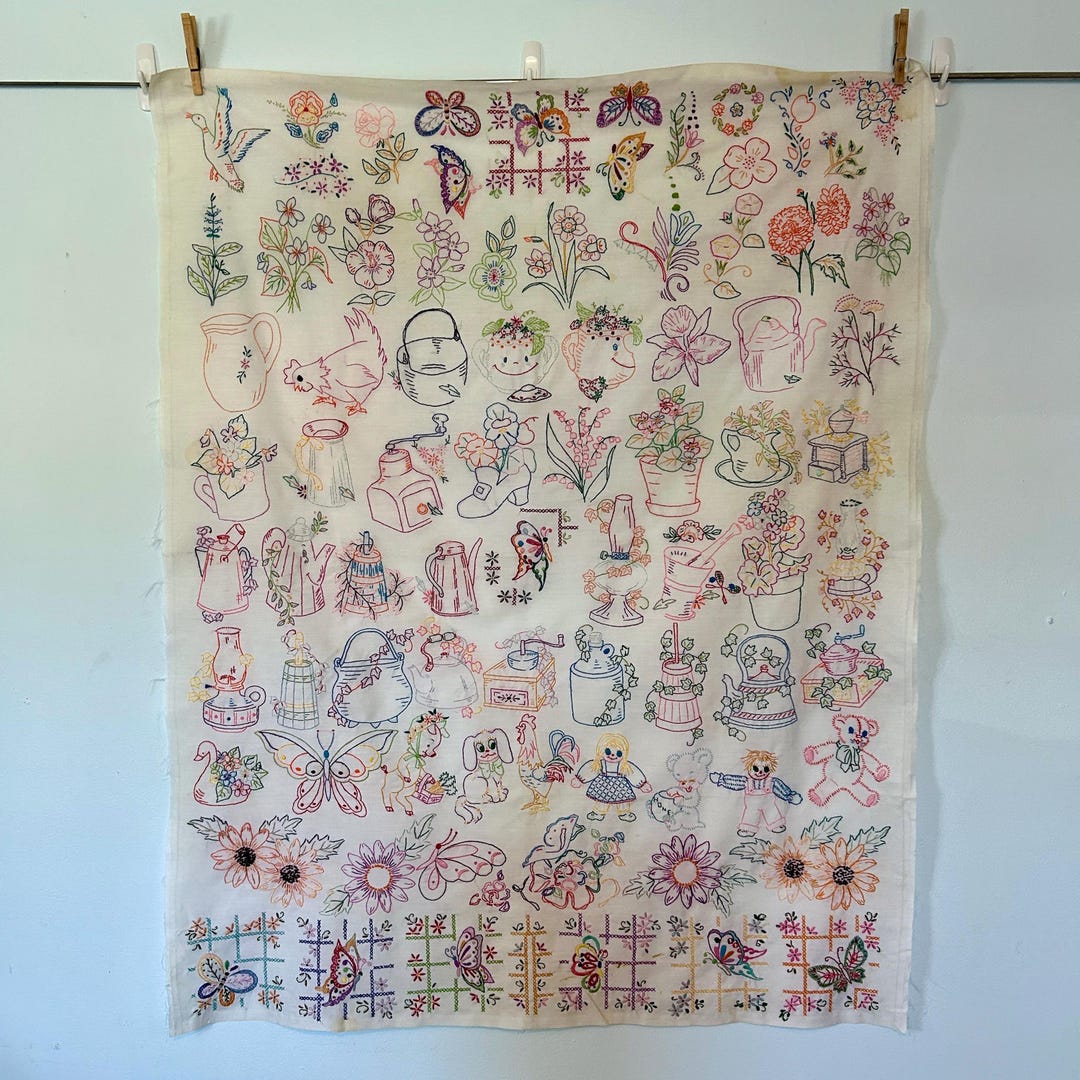 Whimsical Vintage Hand Embroidered Sampler Panel | 35.5"x45" | 1960s ...