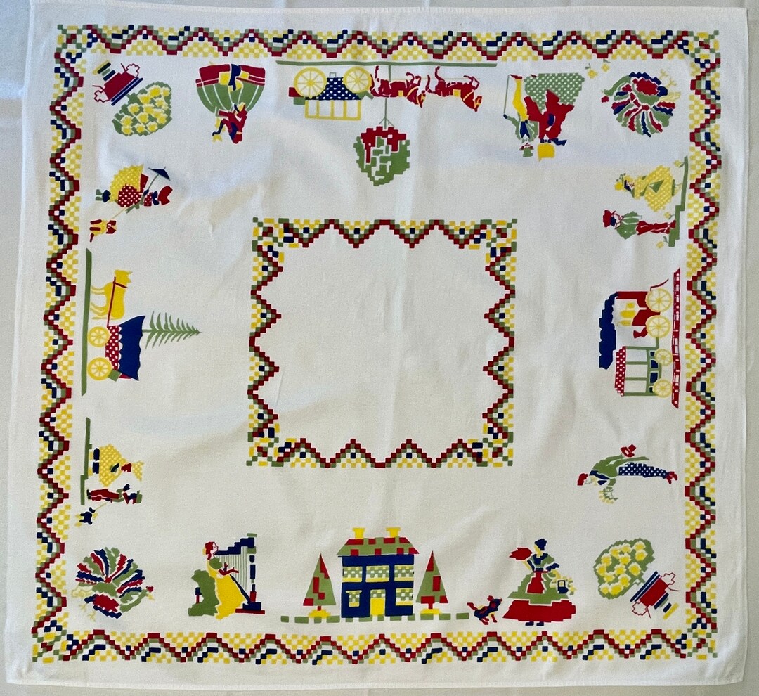 Vintage Printed Cotton Tablecloth Tea Cloth Bridge Cloth ~ 35" X 33 ...