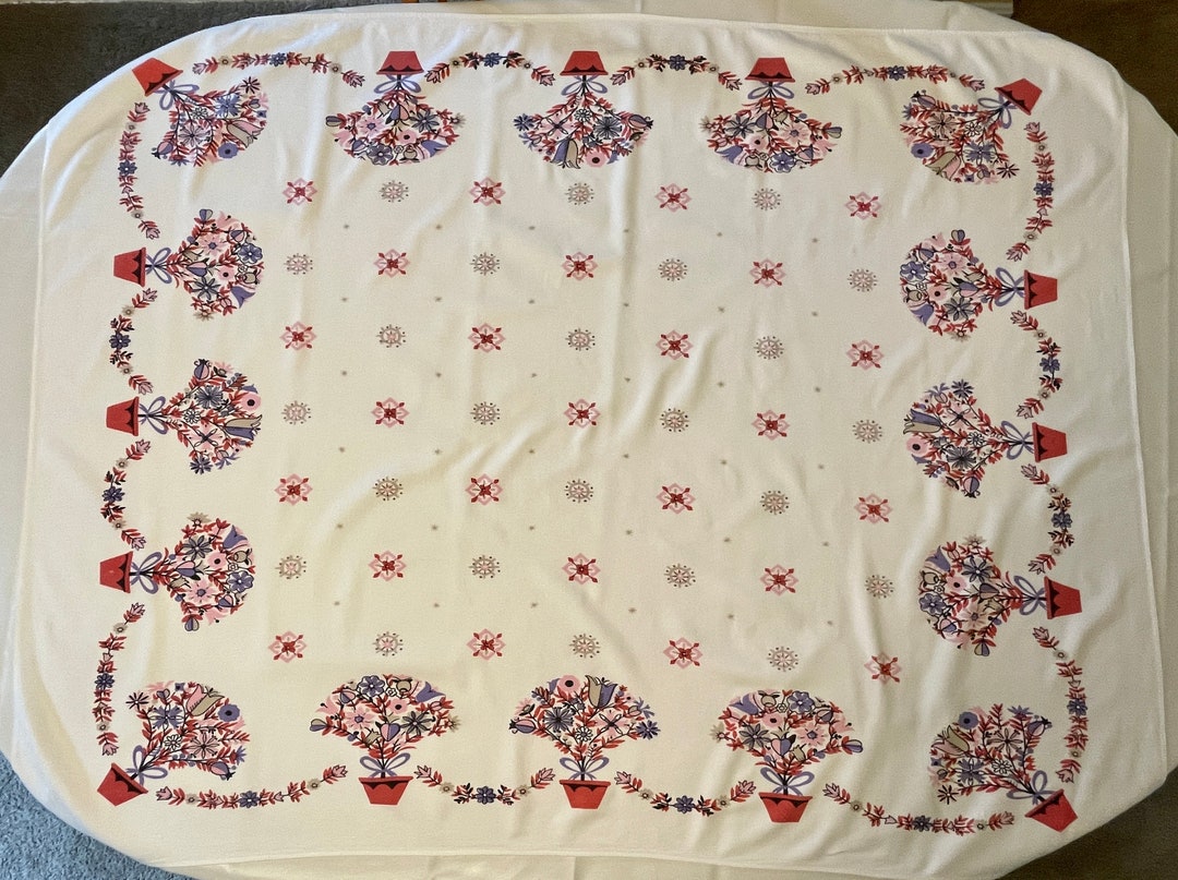 Vintage Simtex Tablecloth ~ Happy Tree Pattern ~ Floral Topiary Garland ...