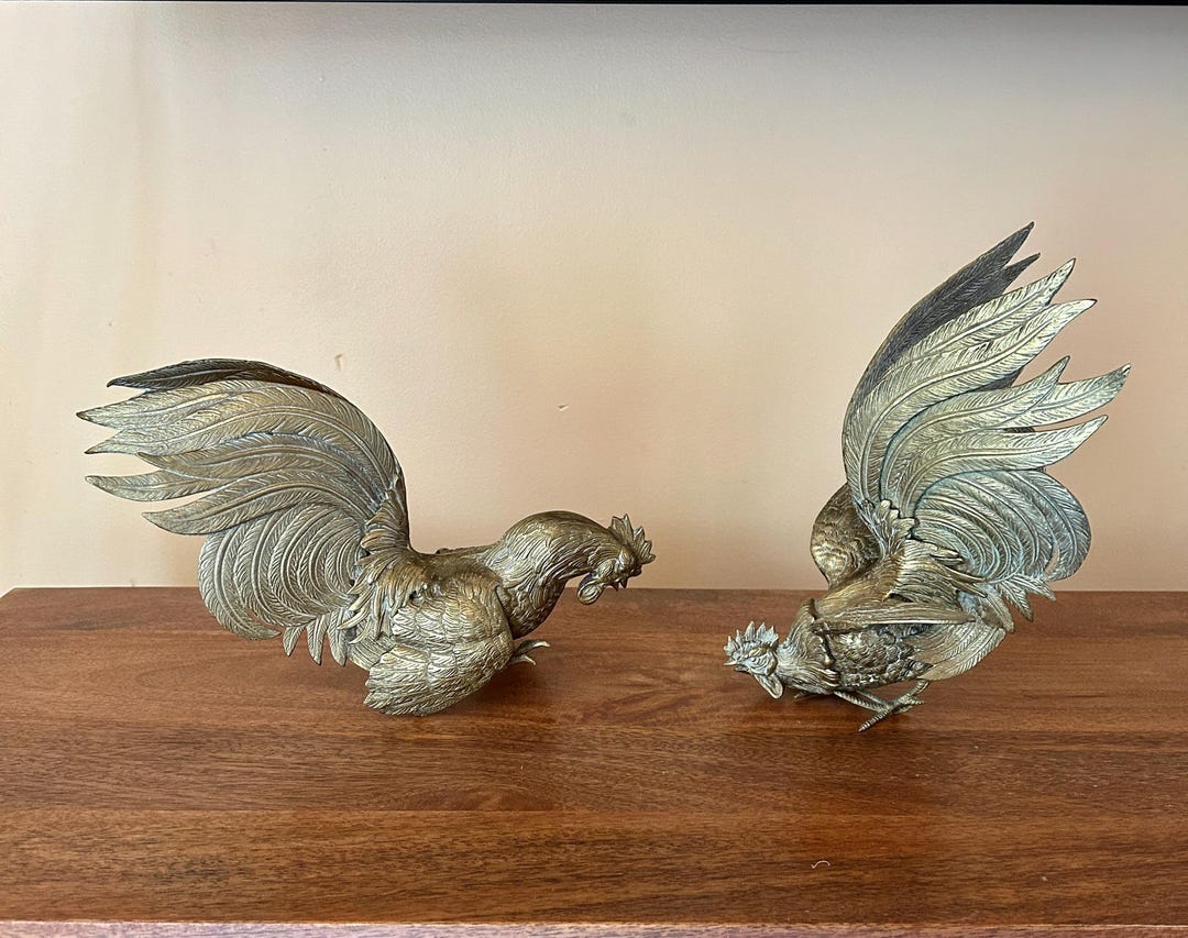 Pair of Vintage Solid Brass Fighting Roosters Cockerels | Mid-century ...