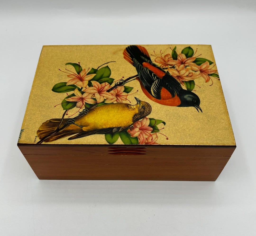 Vintage Wood Trinket Storage Jewelry Box | Vincent Bird Litho Picture ...
